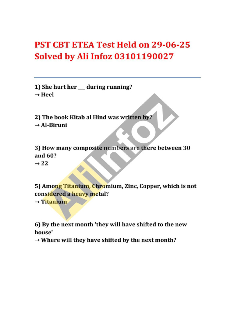 PST CBT Solved Test 29-06-25 by Ali Infoz 03101190027 | PDF