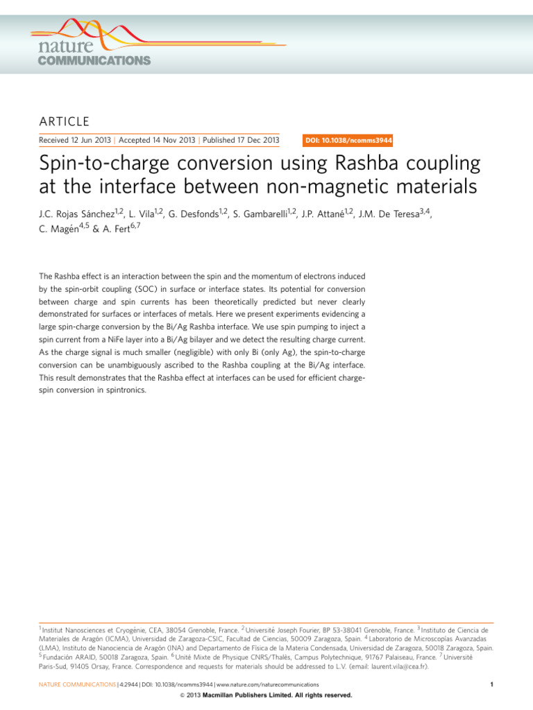 Rashba Spin-to-Charge Conversion in Bi/Ag | PDF | Transmission Electron ...