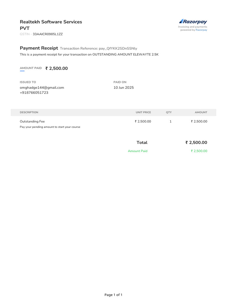 Receipt Pay - QfYKK2SDnSSNly From Elewayte (Paid) PDF | PDF