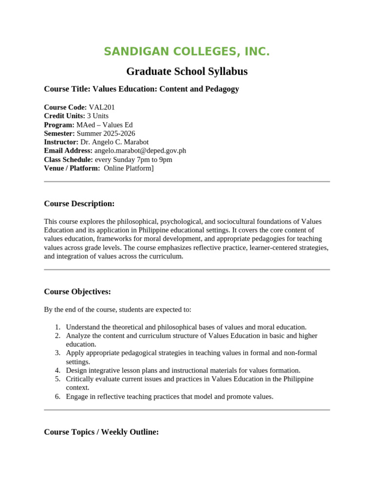Syllabus in Maed Val Ve201 | PDF | Curriculum | Pedagogy