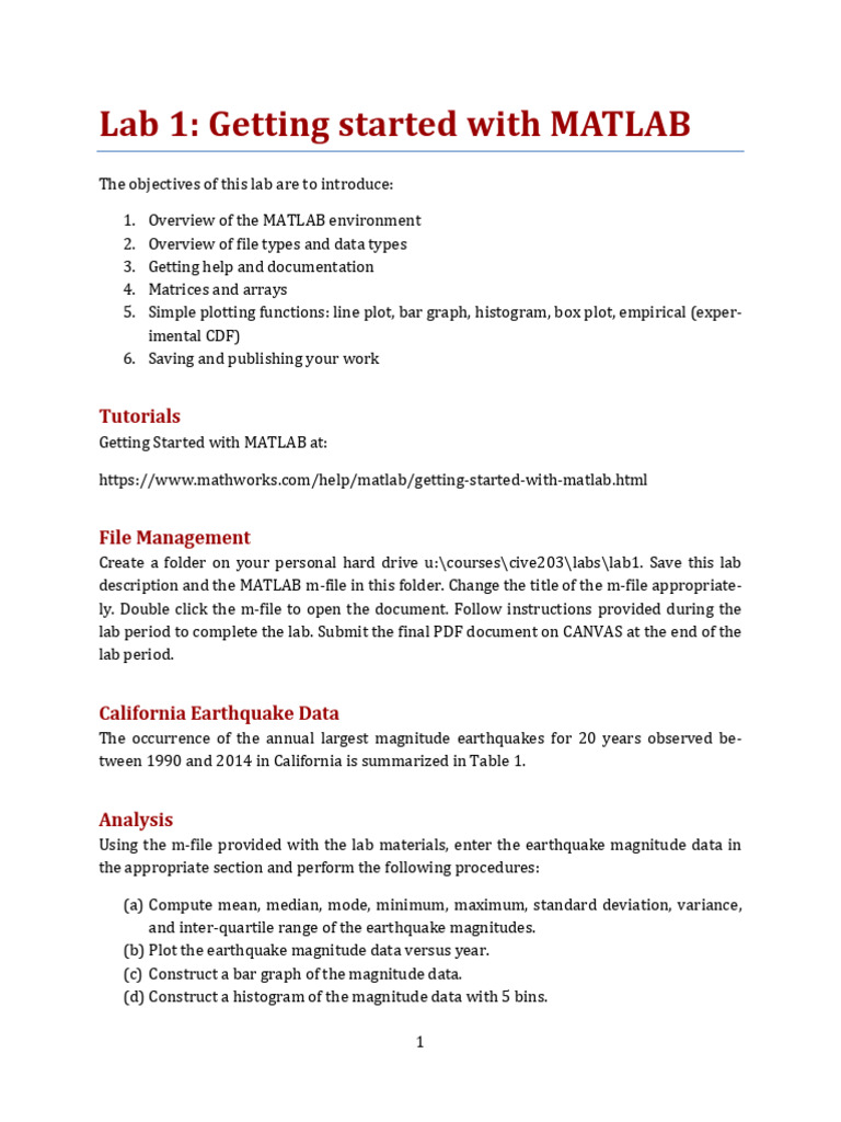 CIVE203-Lab1-Getting Started With MATLAB | PDF | Matlab