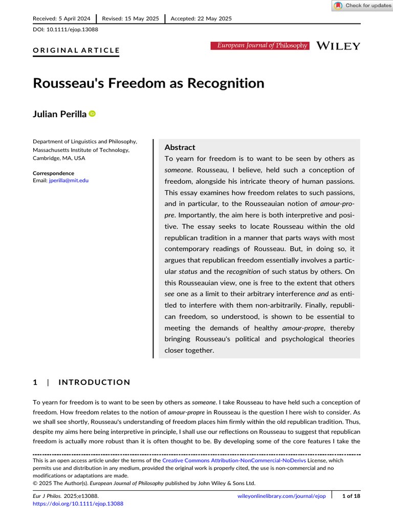 European J of Philosophy - 2025 - Perilla - Rousseau S Freedom As ...