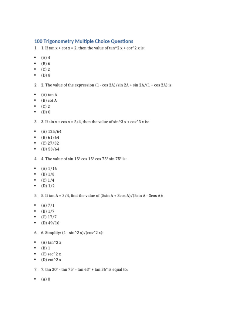 Trigonometry MCQ 100 Questions | PDF | Trigonometric Functions | Chess