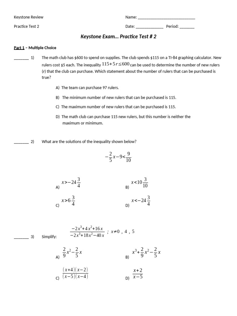 Keystone Algebra 1 Practice Test 2 | PDF | Graph Theory | Mathematical ...