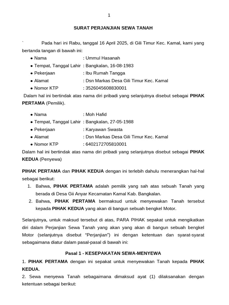 Surat Perjanjian Sewa Tanah Hafid | PDF