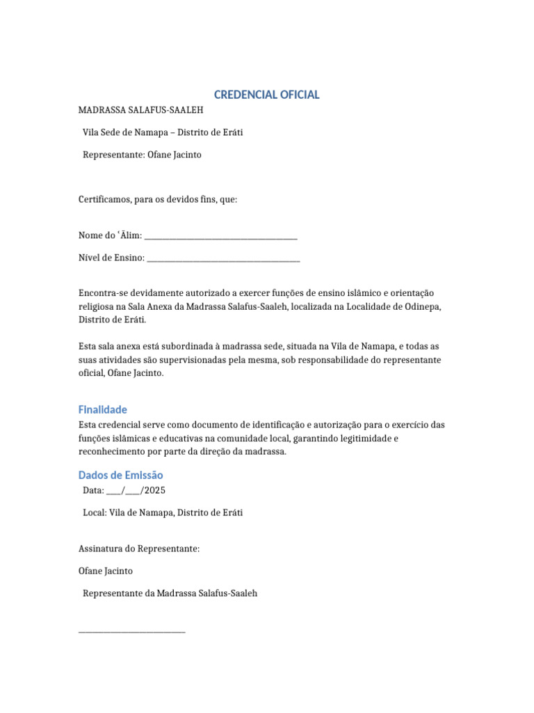 Credencial Oficial da Madrassa Salafus-Saaleh | PDF