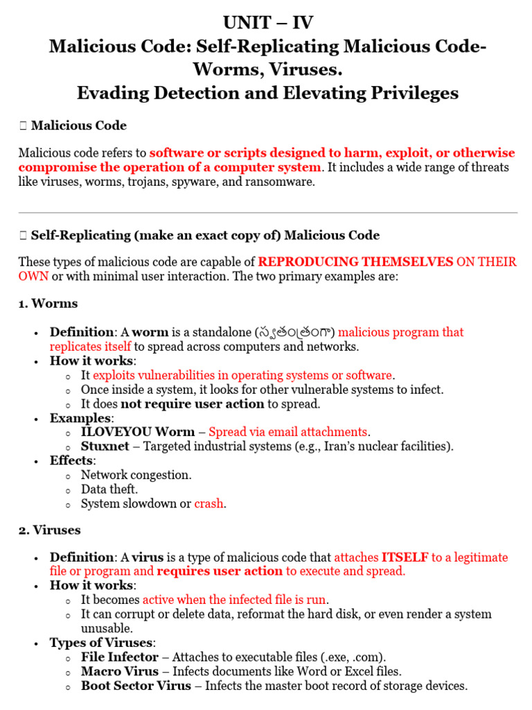 Malicious Code Self-Replicating Malicious Code - Worms, Viruses ...