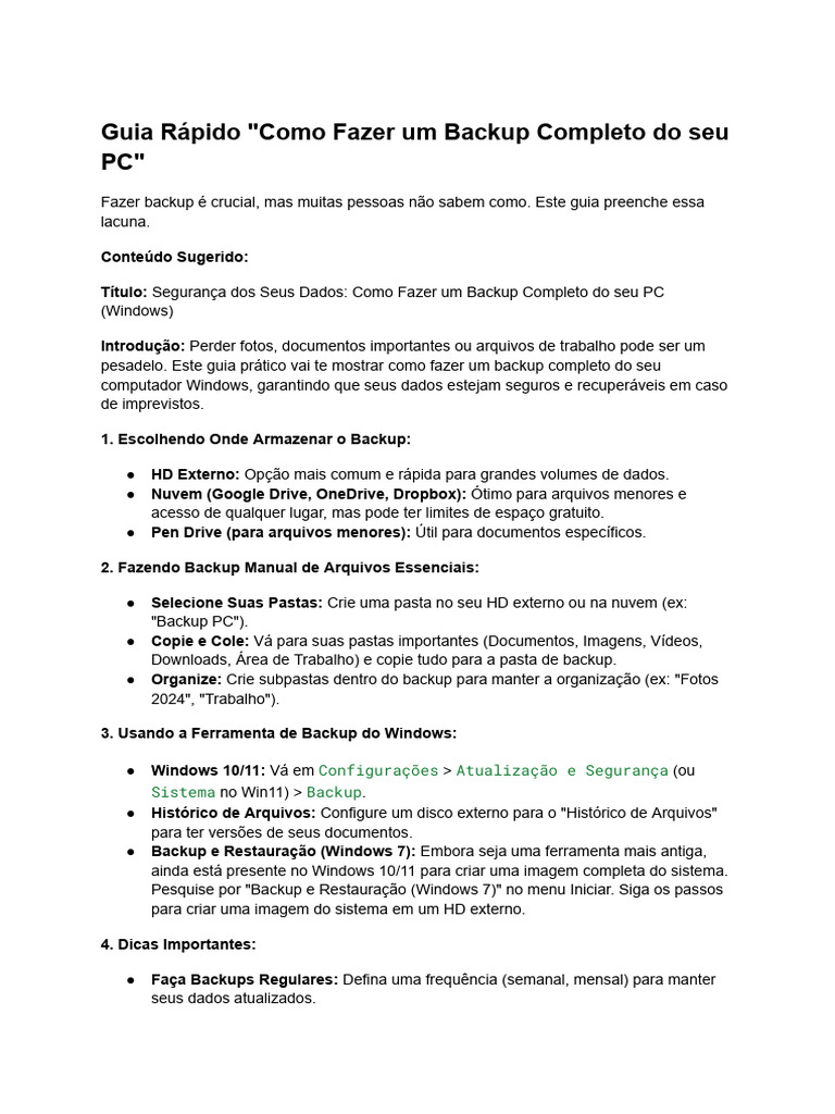 Guia Rápido _Como Fazer um Backup Completo do seu PC_ | PDF