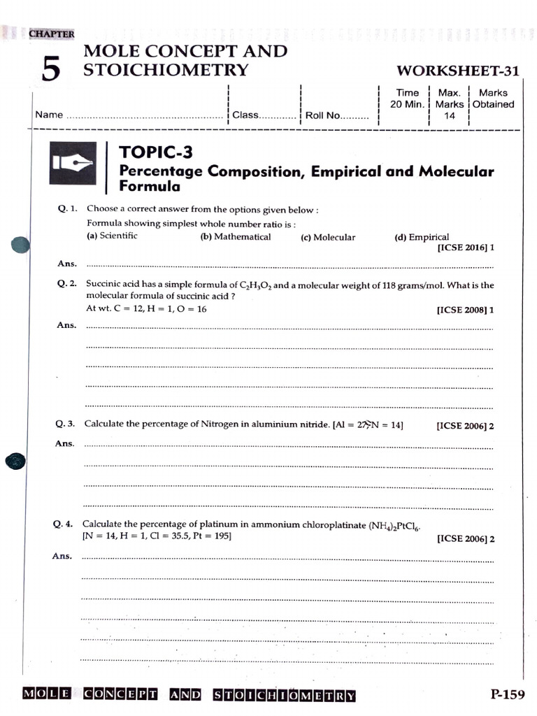Mole Concept and Stoichiometry Worksheet - 31 | PDF | Stoichiometry ...