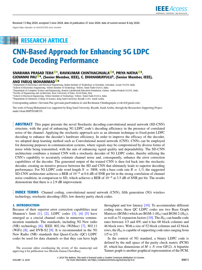CNN-Based Approach For Enhancing 5G LDPC Code Decoding Performance | PDF | Low Density Parity ...
