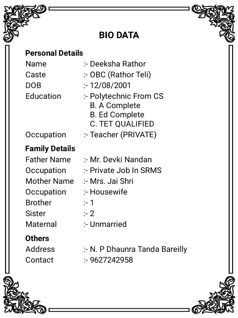 Deeksha Rathor Teacher Bio Data Pdf