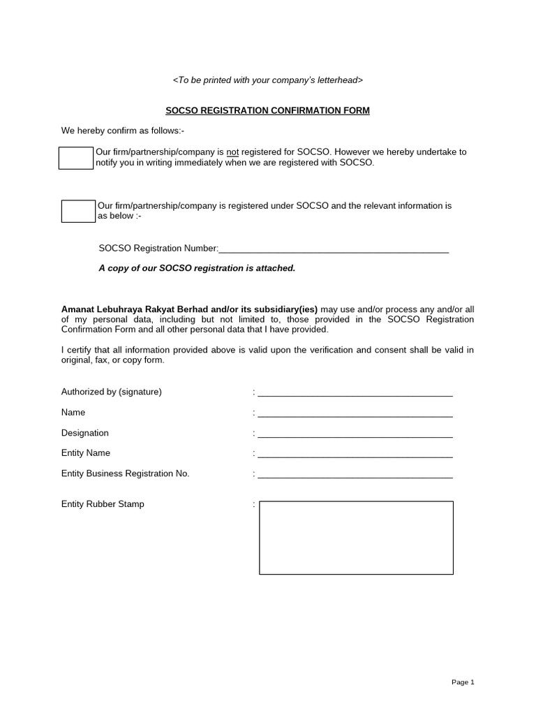 SOCSO Confirmation Form | PDF