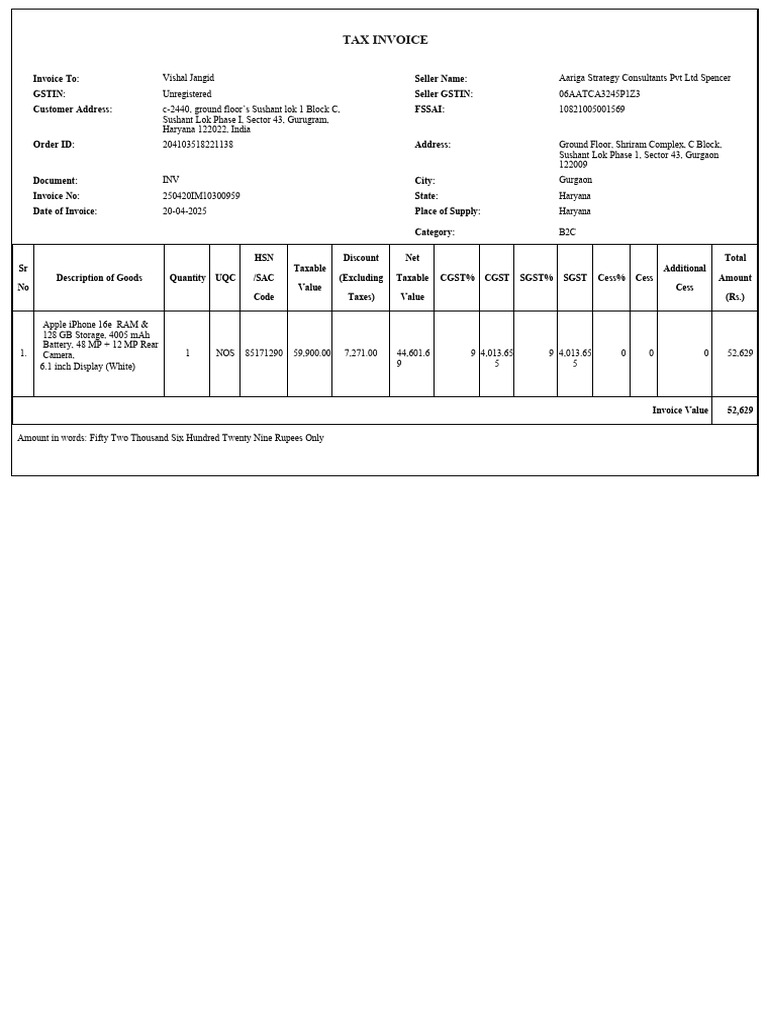 Swiggy Invoice for Order 204103518221138 | PDF | Invoice | Taxes