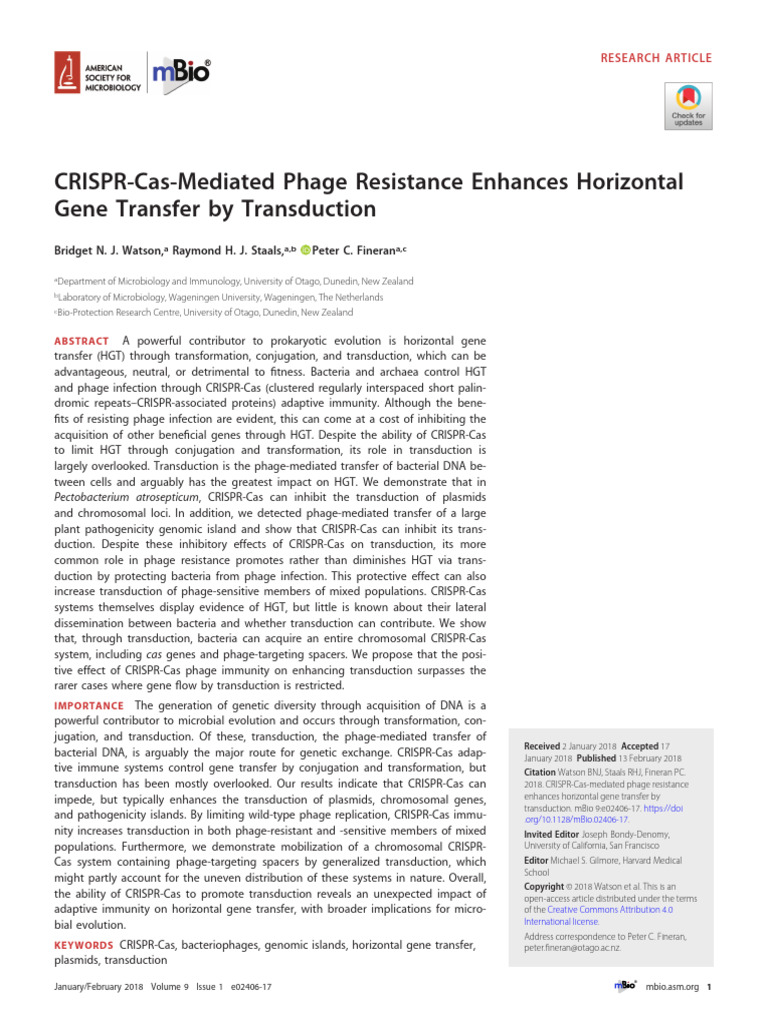 CRISPR-Cas-Mediated Phage Resistance Enhances HorizontalGT by Transduction | PDF | Crispr ...