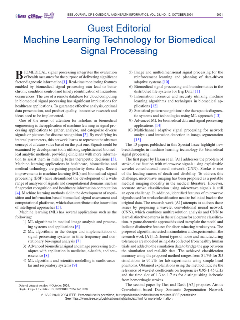 Guest Editorial Machine Learning Technology For Biomedical Signal ...