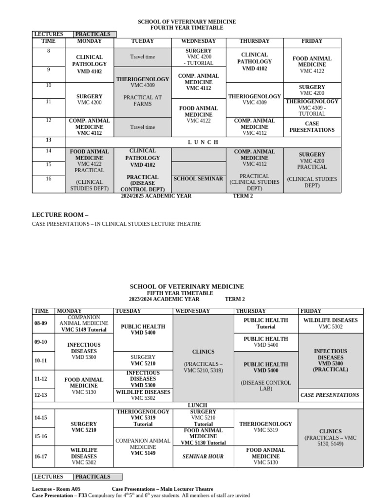 Lecture Time Table 4th To 6th Year 2025 TERM 2 | PDF | Veterinary ...