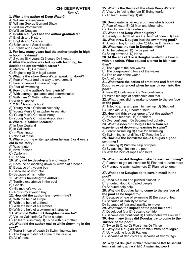 Deep Water MCQ Test Questions | PDF | Swimming | Fear