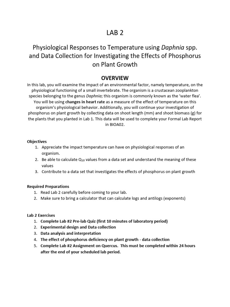 BIOA02 Lab 2 Daphnia Y2025 | PDF | Thermoregulation | Experiment
