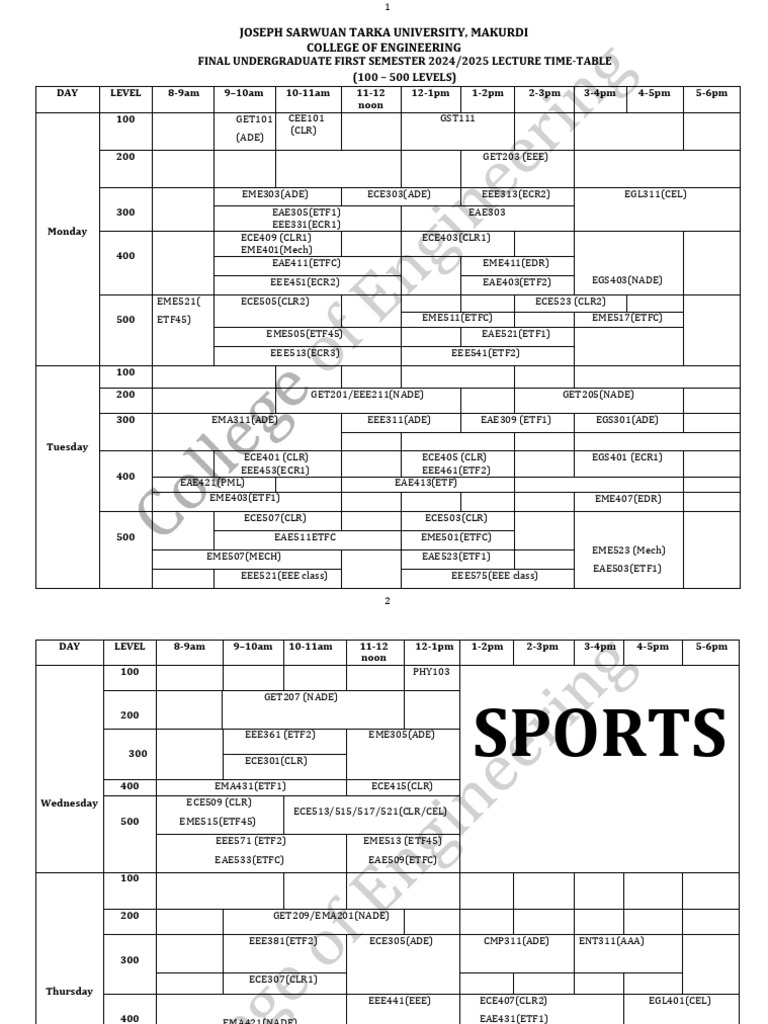 2024/2025 Engineering Lecture Timetable | PDF