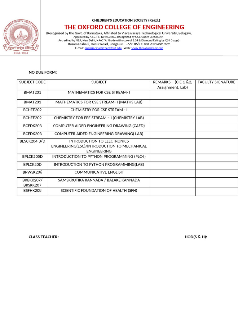 No Due Form For Subjects | PDF