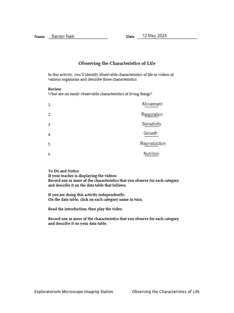 Characteristics Student Worksheet 3 Solved | PDF