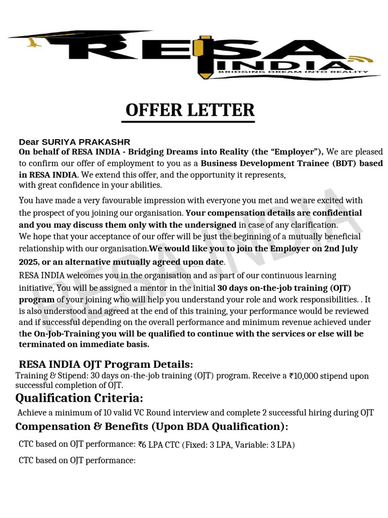 Suriya Prakash - Offer Letter Resa India PDF | PDF | Business