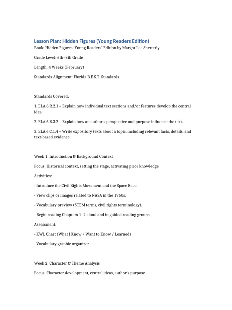Hidden Figures Lesson Plan for Grades 6-8 | PDF | Hidden Figures ...