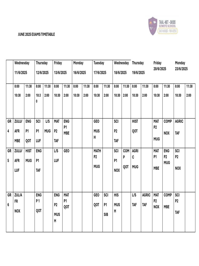 G9 June 2025 Exam Timetable | PDF