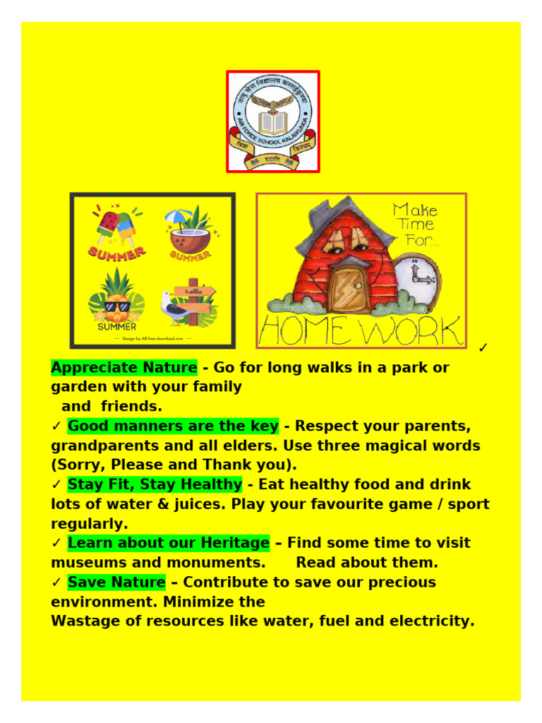 Summer Vacation Homework Guidelines | PDF