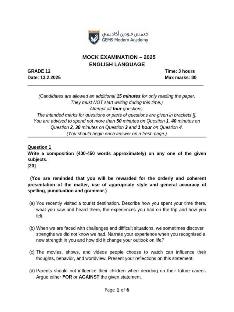Grade 12 English Language Mock Exam | PDF