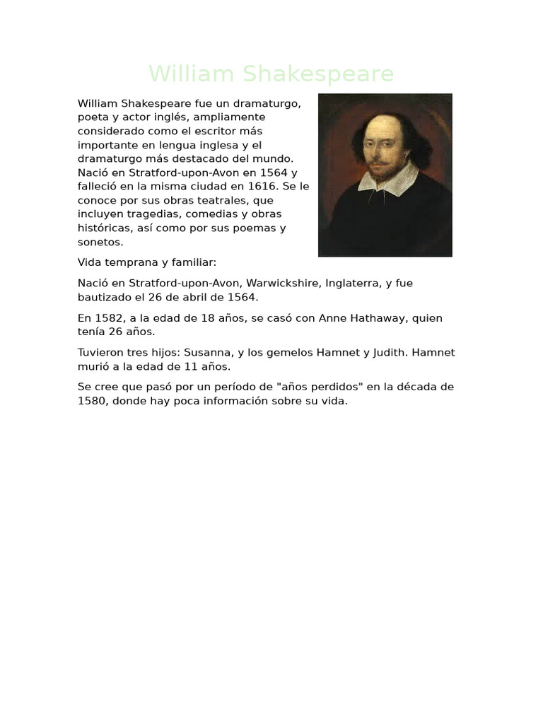 Biografía de William Shakespeare | PDF