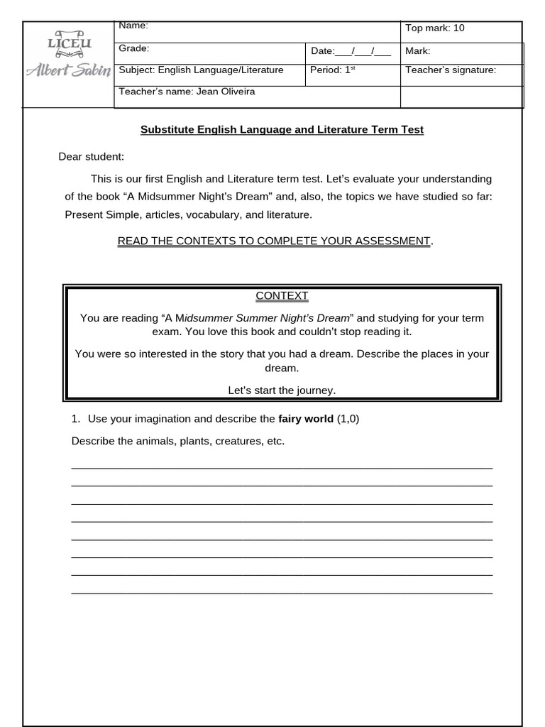 A Midsummer Night's Dream Test Guide | PDF | A Midsummer Night's Dream