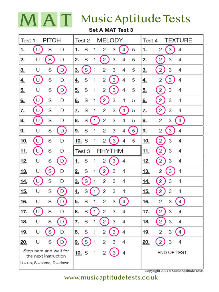 Music Aptitude Tests ÔÇô Answers-A3 | PDF