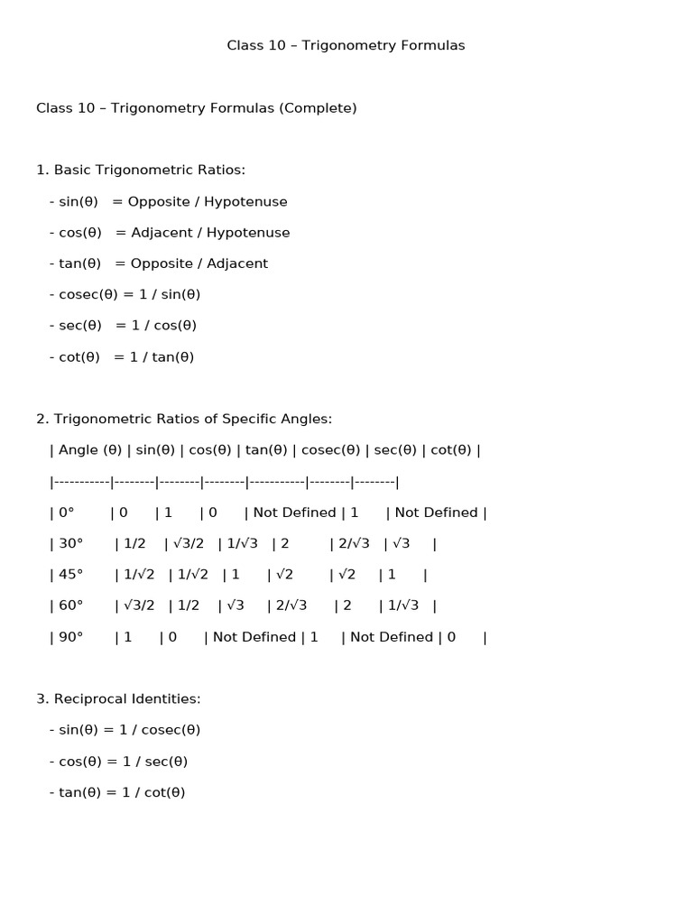 Class 10 Trigonometry Formulas | PDF