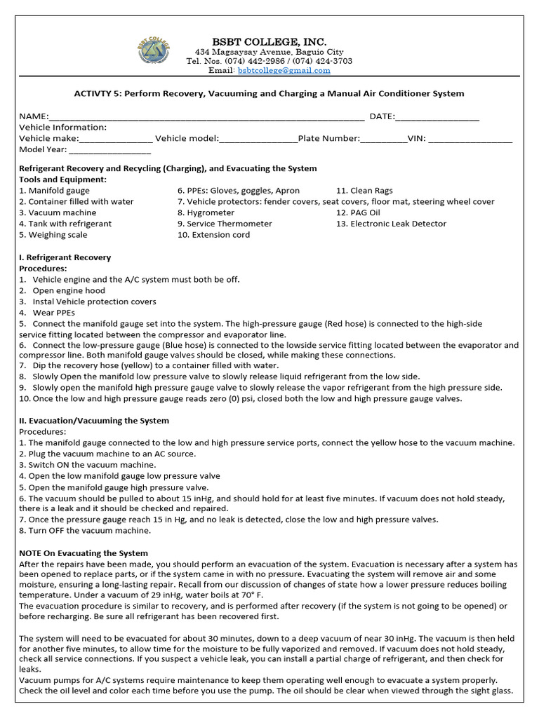 Hvac Activity 5 Perform Recovery Evacuation and Charging Ac System ...