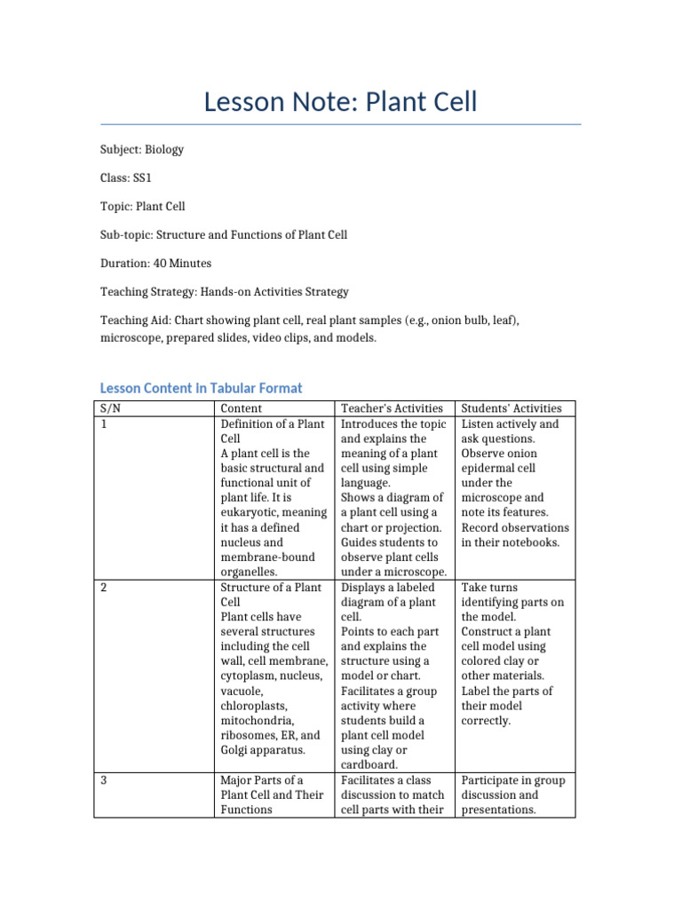 Lesson Note On Plant Cell | PDF | Cell (Biology) | Endoplasmic Reticulum
