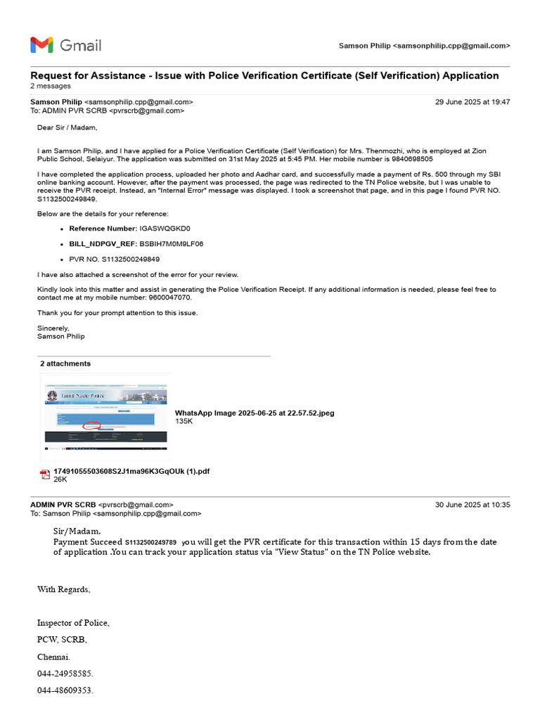 Gmail - Request For Assistance - Issue With Police Verification ...