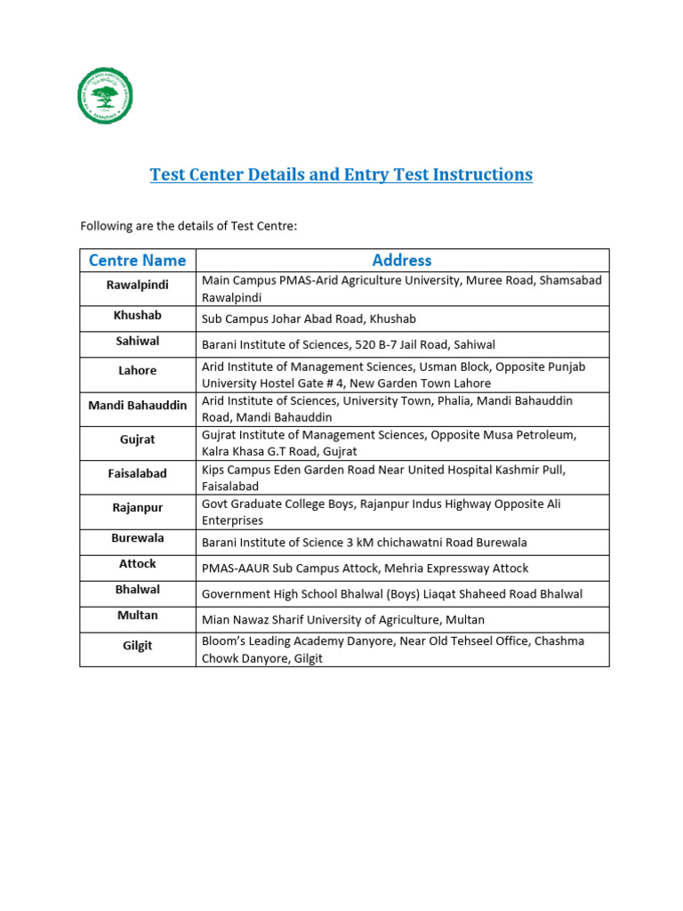 PMAS Arid University Entry Test Details | PDF