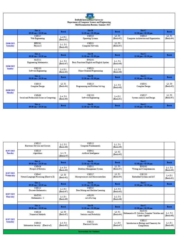 CSE Mid Exam Schedule Summer 2025 | PDF | Computing | Computer Science