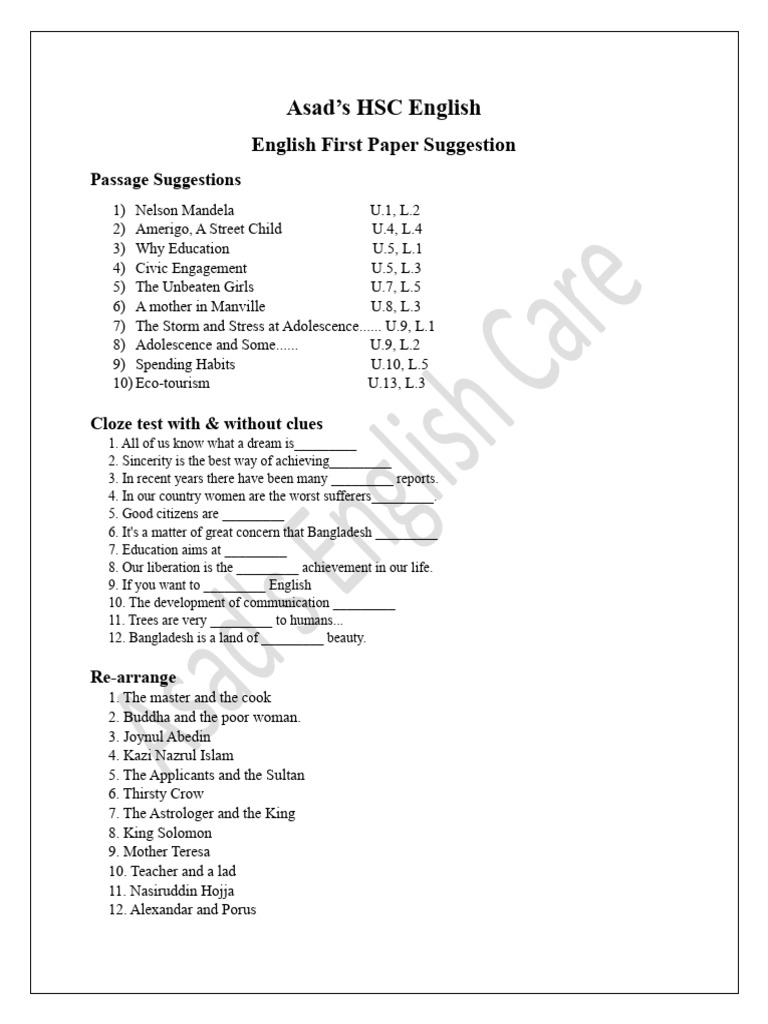 HSC English Suggestions for 2026 | PDF