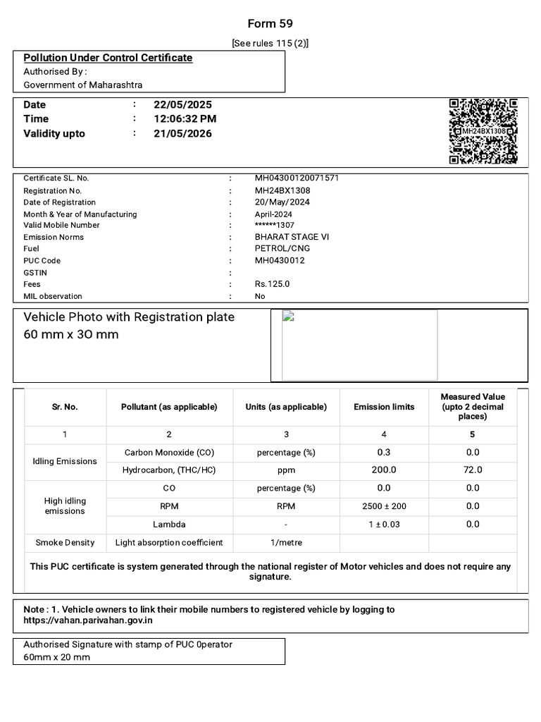 Puc Certificate 2025-26 | PDF | Exhaust Gas | Air Pollution