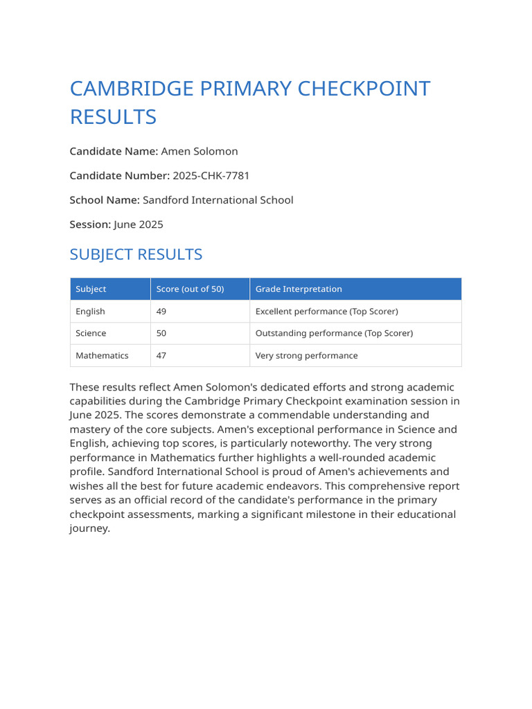 Cambridge Primary Checkpoint Results | PDF