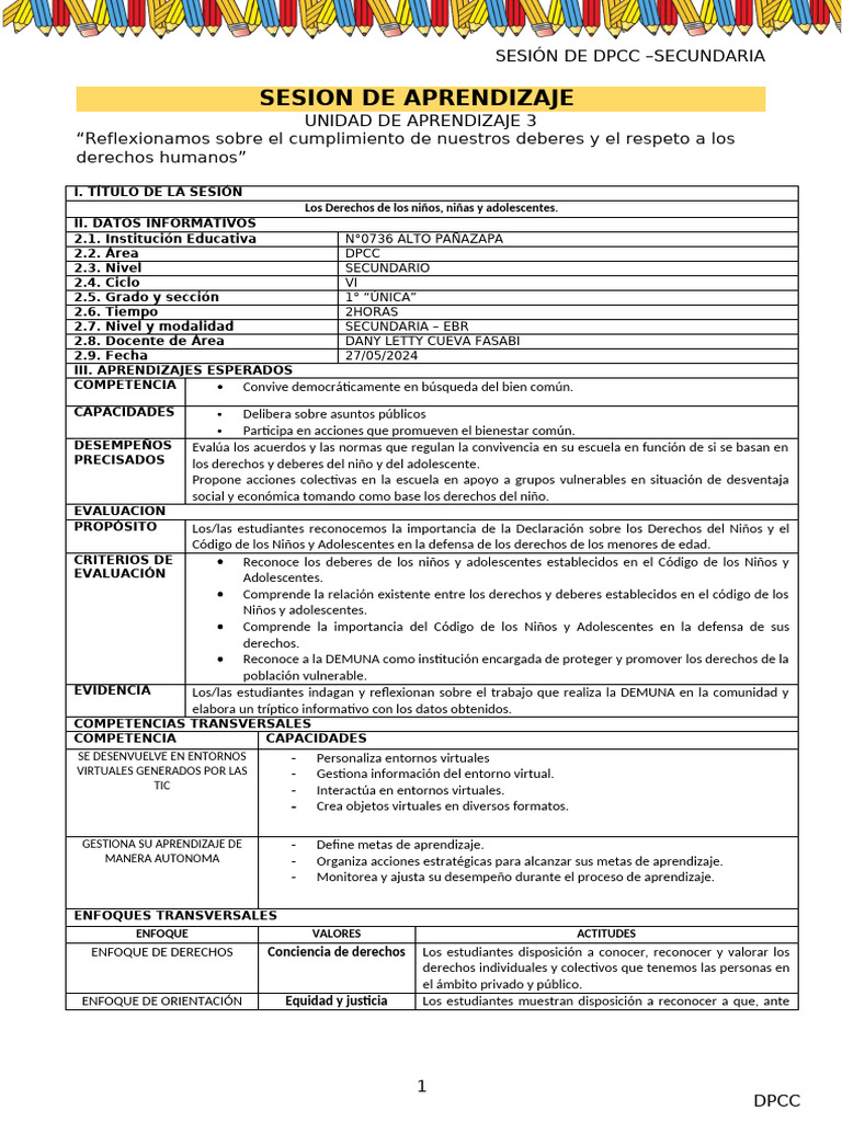 1º Ses Act 2 Uni3 - DPCC 2024 | PDF | Maestros | Derechos de los niños