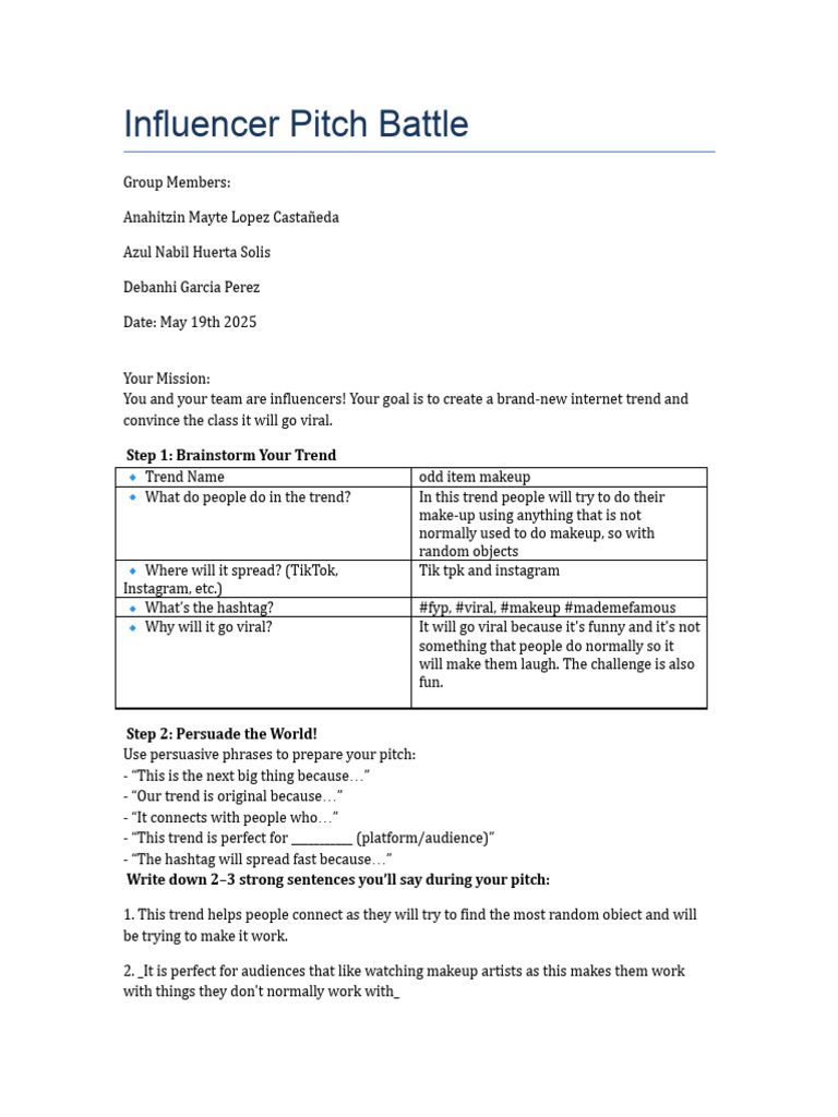 Influencer Pitch Battle Worksheet | PDF