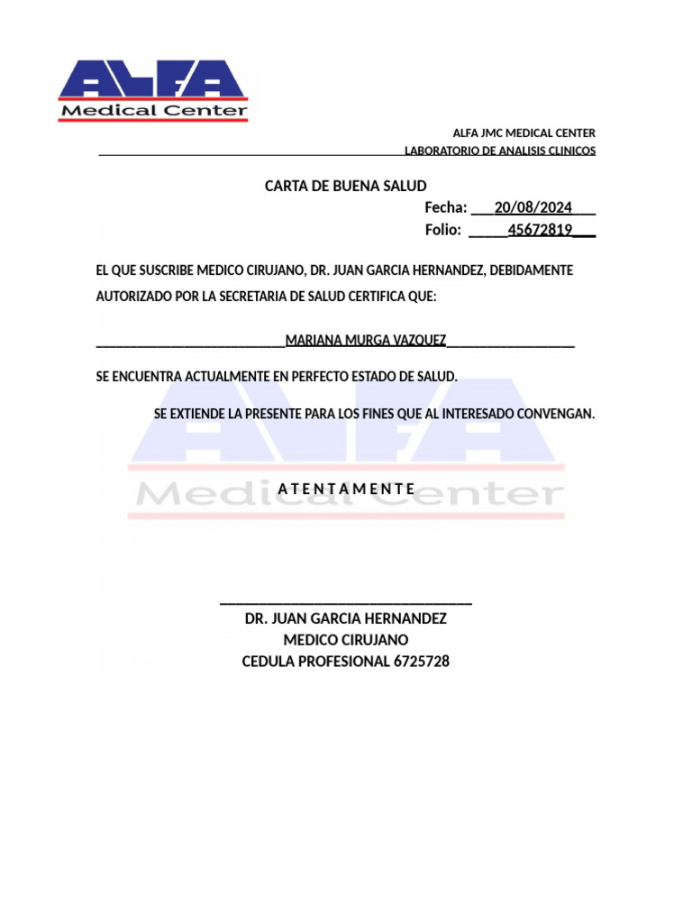 Carta de Buena Salud | PDF