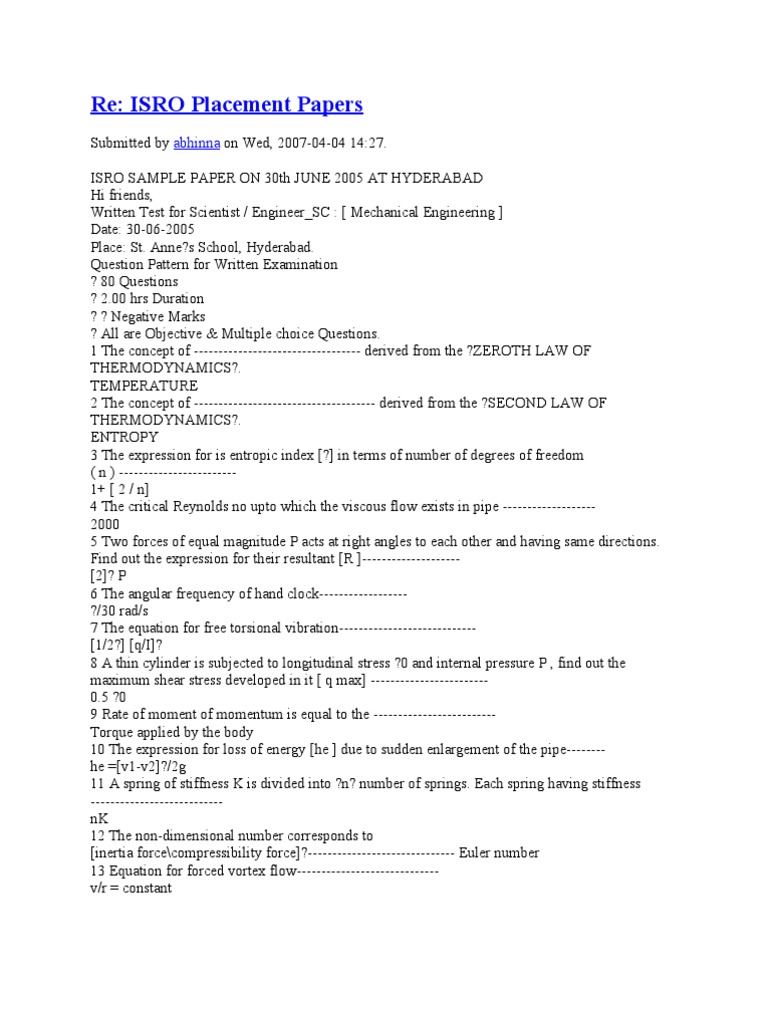 Re: ISRO Placement Papers: Abhinna | PDF | Fluid Dynamics | Reynolds Number