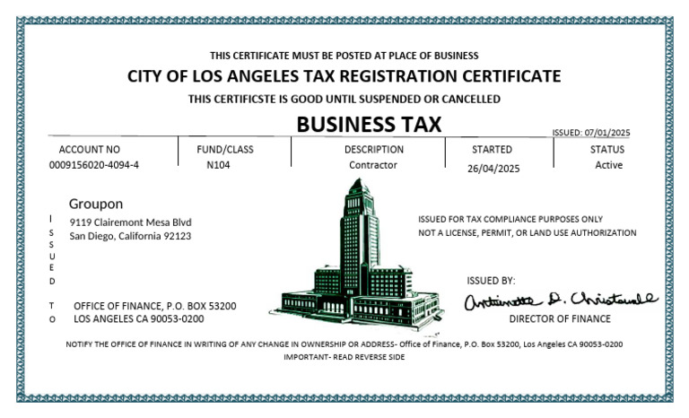 Los Angeles Business Tax Certificate | PDF