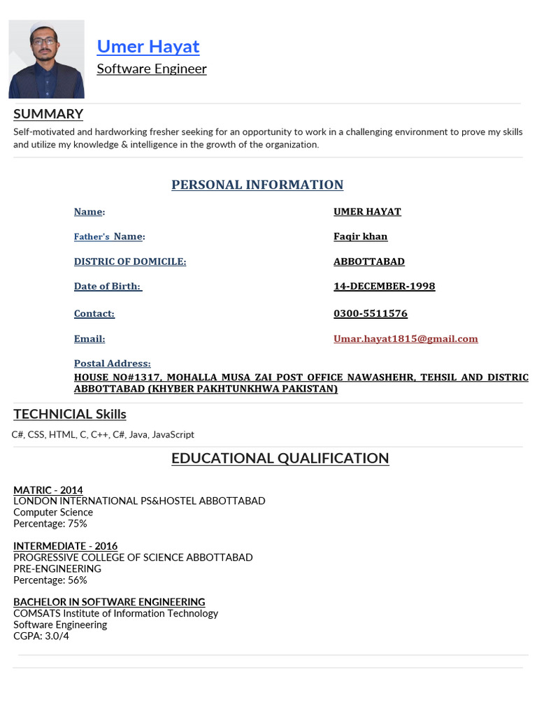Umer Hayat: Software Engineer | PDF