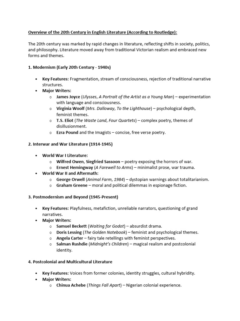 Overview of The 20th Century History in English Literature | PDF ...