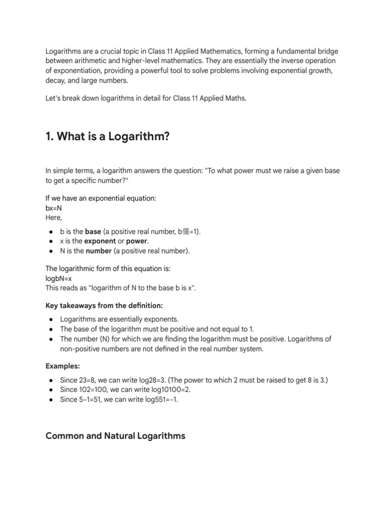 Explain Logarithm Class 11 Applied Maths in Great... | PDF | Logarithm ...